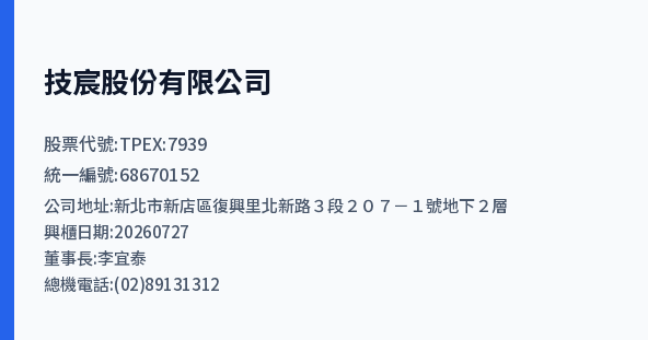 技宸股份有限公司 股票代號 TPEX:7939 統編 68670152 興櫃公司基本資料圖