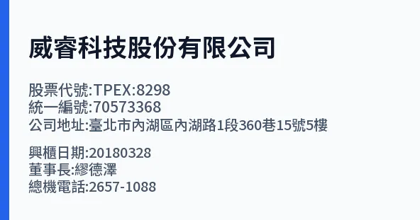 威睿科技股份有限公司 股票代號 TPEX:8298 統編 70573368 興櫃公司基本資料圖